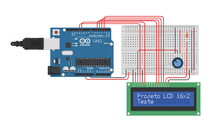 Circuit design Projeto - Display LCD 16X2 - Tinkercad