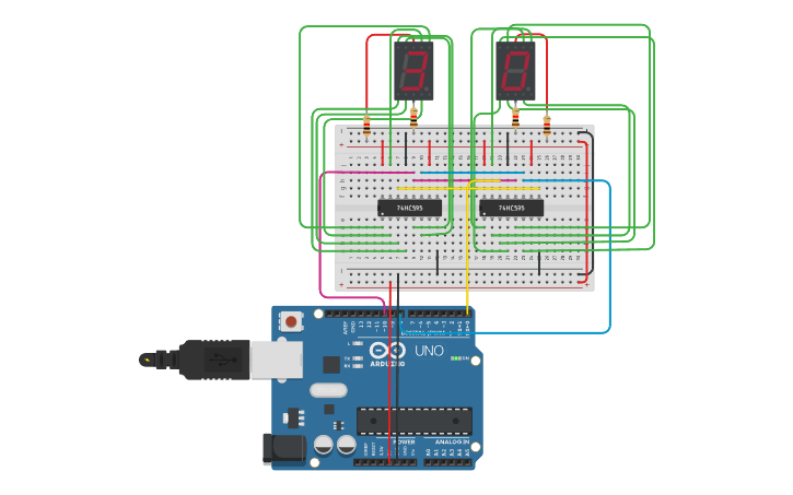Circuit Design Countdown Timer Using Serial Cascaded Shiftout Tinkercad