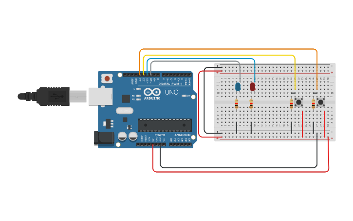Circuit design dois botoes ,dois leds, jonas rodrigues. | Tinkercad Circuit design dois botoes ,dois leds, jonas rodrigues. | Tinkercad
