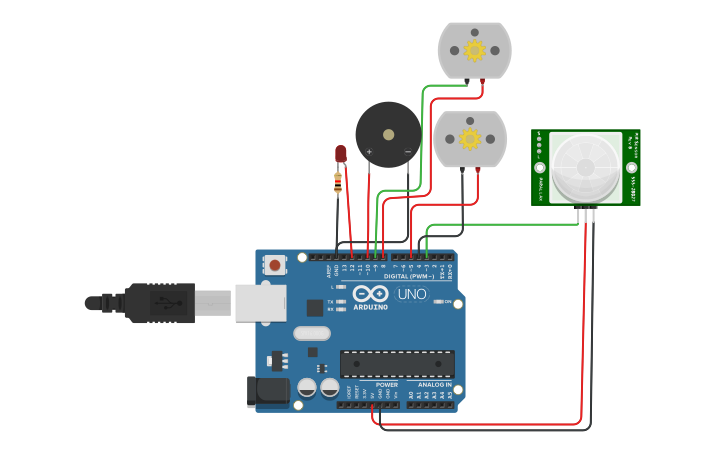 Circuit design DC motor +Buzzer +LEDs+Sensor interface with arduino uno controller - Tinkercad