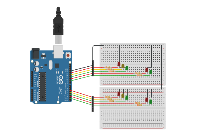 Circuit design Semáforo vehicular y peatonal con Arduino - Tinkercad