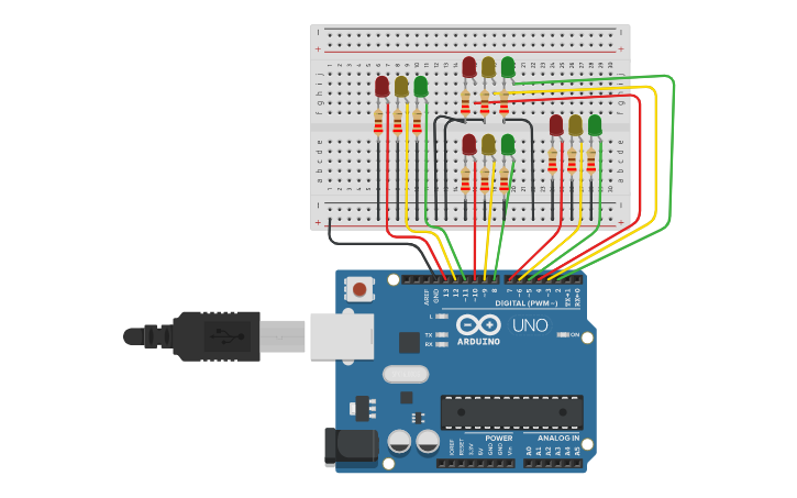 Circuit design 4 way traffic lights - Tinkercad