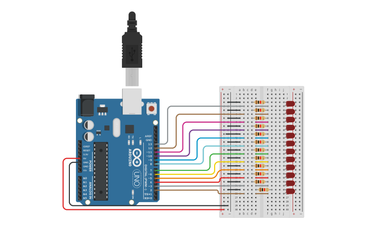 Circuit design ISE CIRCUITO CON MÚLTIPLES LEDS | Tinkercad