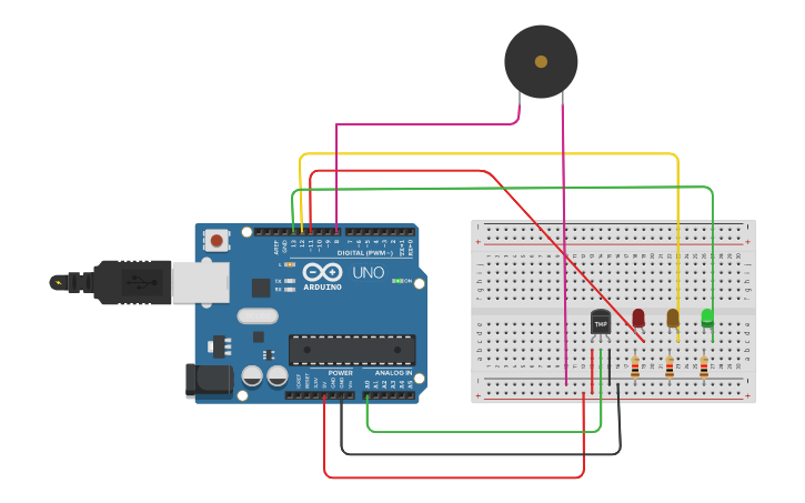 Circuit design Temperature SENSOR WITH LED'S AND BUZZER - Tinkercad