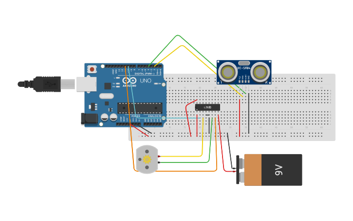 Circuit design Marcha y parada de un vehículo por ultrasonidos - Tinkercad