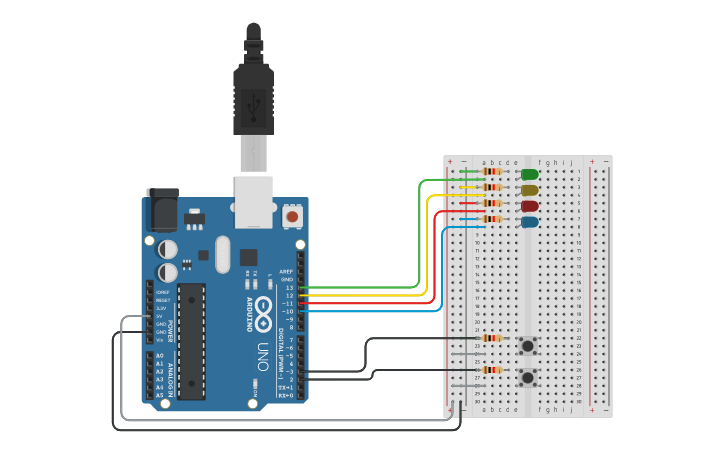 Circuit design LED BINARY with Buttons - Tinkercad