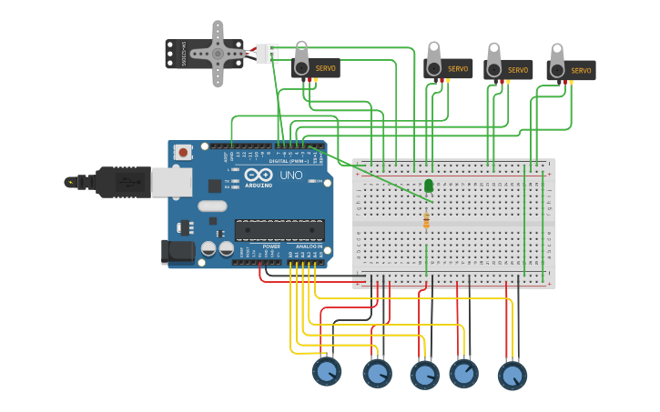 Circuit design control de 5 servos - Tinkercad