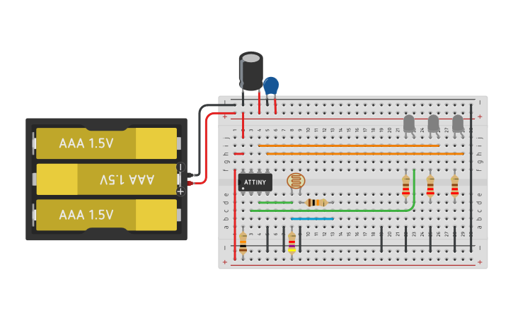 Circuit design Fade LEDs using an LDR on an ATTiny | Tinkercad