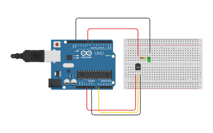 Circuit design sensor de temperatura com led - Tinkercad