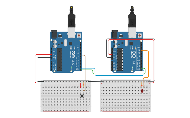 Circuit design Collegamento seriale tra schede Arduino | Tinkercad
