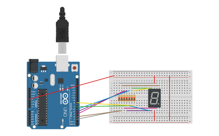 Circuit design 7 segment display + counter - Tinkercad