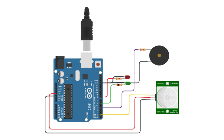 Circuit design Motion Sensor + LED + Sound - Tinkercad