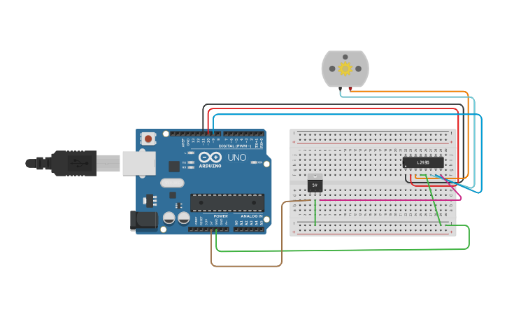 Circuit design Setup of DC Motor Speed with LM7805 and L293D - Tinkercad