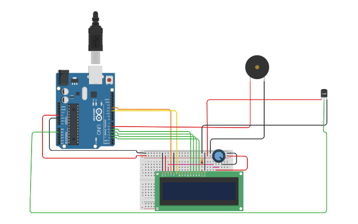 Circuit design Temp sensor using buzzer and Lcd - Tinkercad