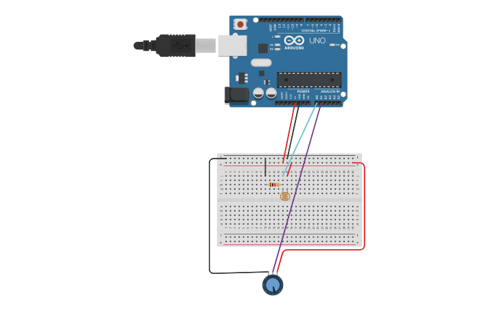 Circuit design Fotorezistor + Potenciometr | Tinkercad