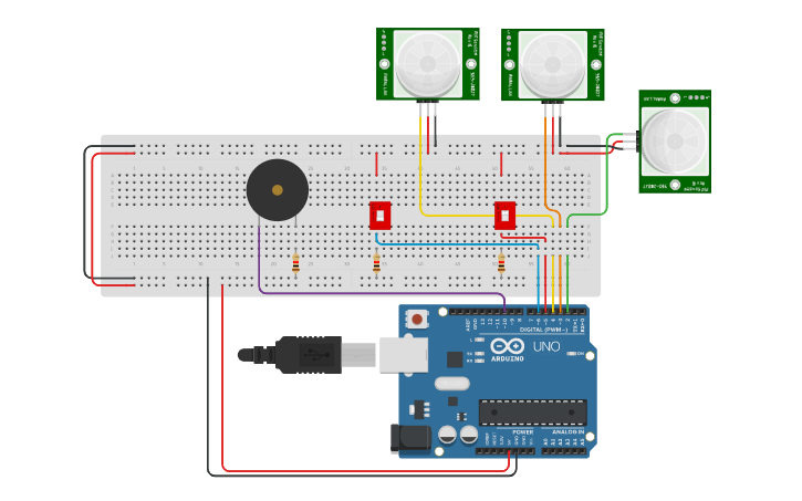 Circuit design SISTEMA DE SEGURIDAD ANTIRROBOS - Tinkercad