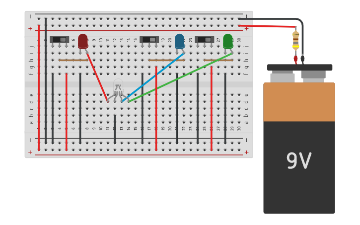 Circuit design Mixing RGB Colors with Slide Switches and three LEDs in LED RGB - Tinkercad