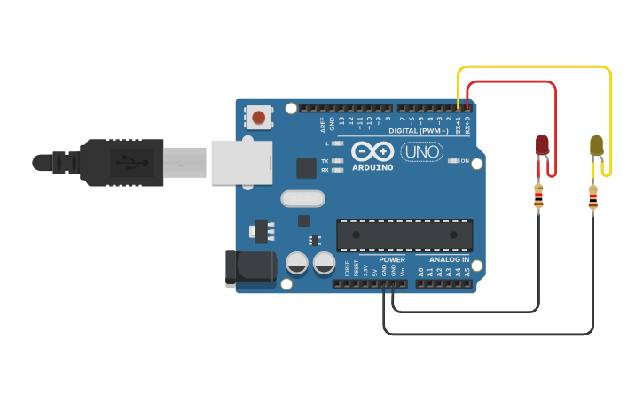 Circuit design Two Toggling LEDs - Tinkercad