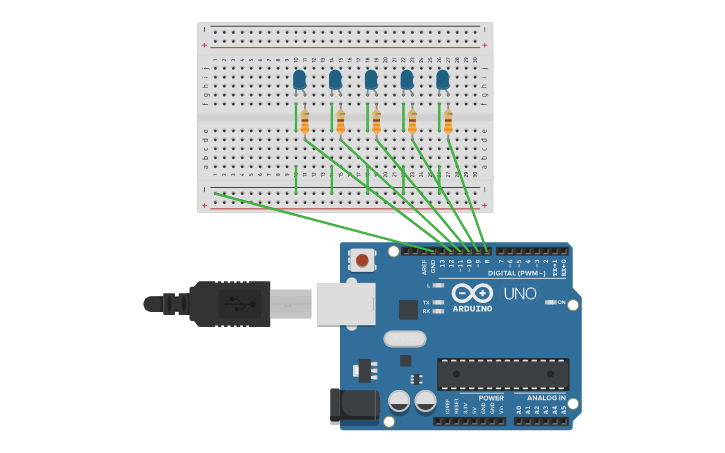 Circuit design 5 LEDS | Tinkercad