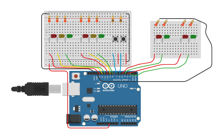 Circuit design Semáforo Arduino com travessia para Pedestre - Tinkercad