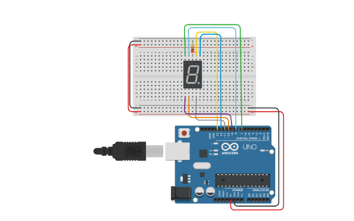 Circuit design Atividade Display 7 segmentos - Tinkercad