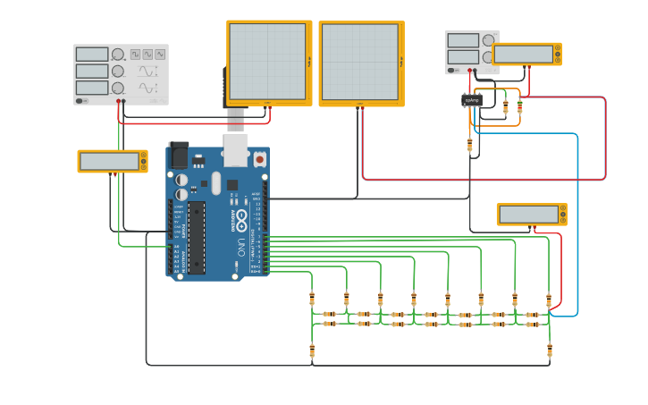 Circuit design AULA LINEARIZAÇÃO PORTD R-2R | Tinkercad