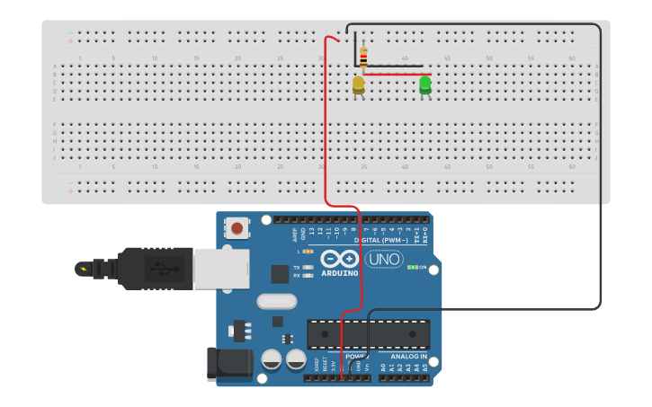 Circuit design Encendiendo luces LEDs con Protoboard #2 - Tinkercad