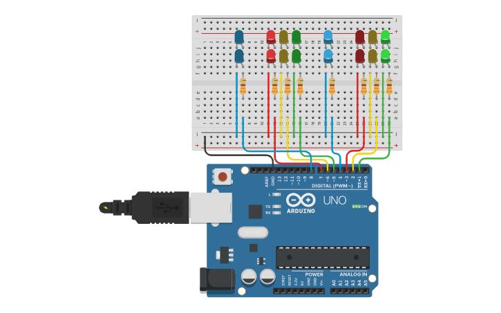 Circuit design LED Traffic Lights - Tinkercad