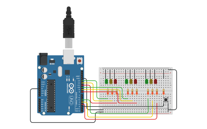 Circuit design Traffic Light with Stop button 042 - Tinkercad