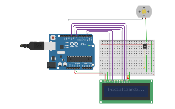 Circuit design LCD + motor + TMP | Tinkercad