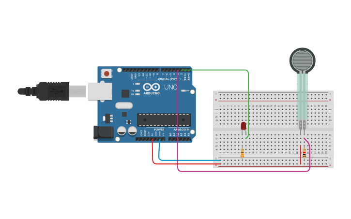Circuit design Module 1: Lesson 5 - Task 1 - Force Sensing Resistor W LED - Tinkercad