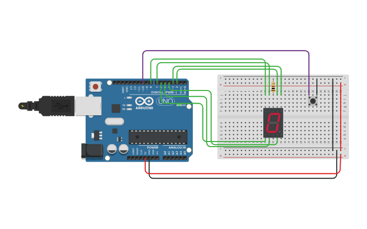 Circuit design Increment number by push button in 7 segment - Tinkercad Circuit design Increment number by push button in 7 segment - Tinkercad