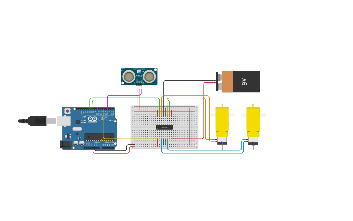 Circuit design Copy of using two hobby gear motor and ultrasonic sensor - Tinkercad