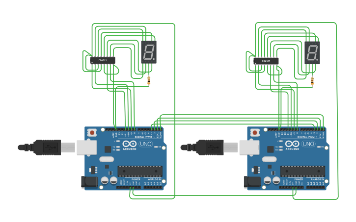 Circuit design 7 segment teller med 2 Arduino | Tinkercad