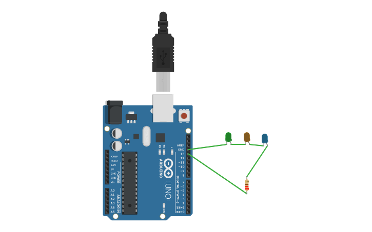 Circuit design 3 LED light blinking arduino circuit board | Tinkercad