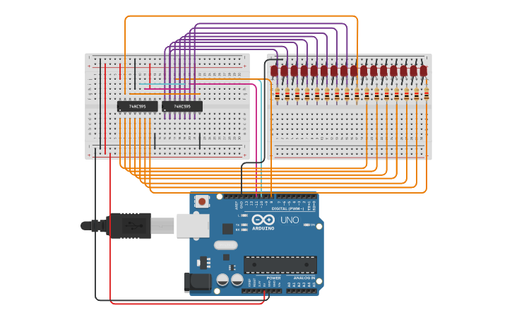 Circuit design Rejestr przesuwny (16 Diod po kolei) - Tinkercad