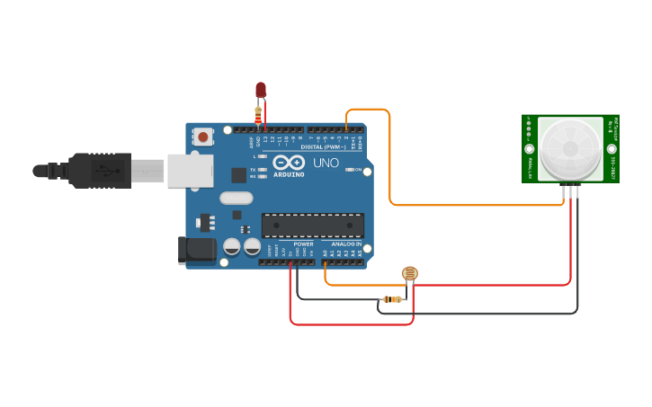 Circuit design C132 PIR-LDR with LED | Tinkercad