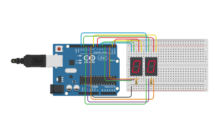 Circuit design Aula 13 - 18.mai | 2 Display de 7 segmentos | Tinkercad