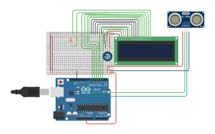 Circuit design SENSORE DISTANZA ULTRASUONI | Tinkercad