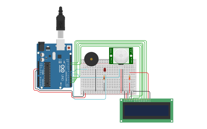 Circuit design Sensor Pir con LCD y alarma - Tinkercad