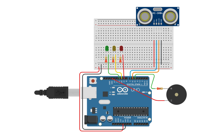 Circuit design Arduino Ultrasonic Sensor BEEP LEDS | Tinkercad