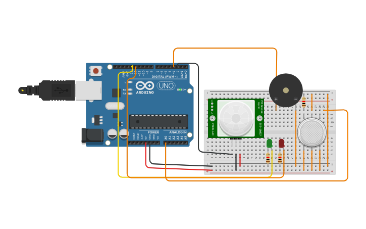 Circuit design PIR and Gas Sensor - Tinkercad
