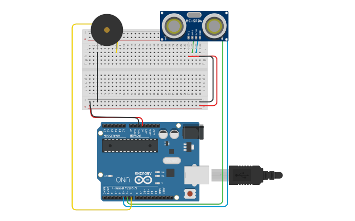 Circuit design Distance Sensor Piezo - Tinkercad