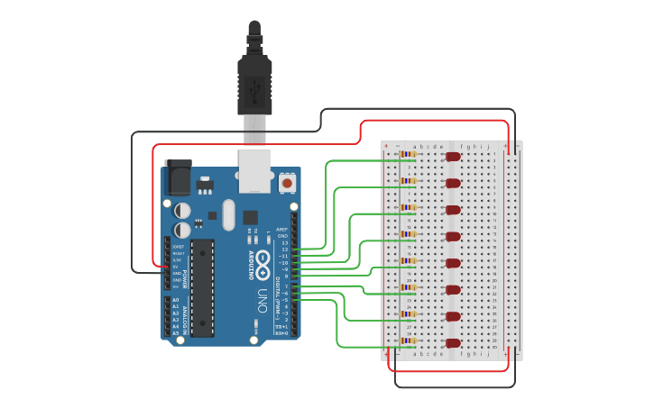 Circuit design TA 03 - KITT (SECUENCIA AUTO FANTASTICO) - Tinkercad Circuit design TA 03 - KITT (SECUENCIA AUTO FANTASTICO) - Tinkercad