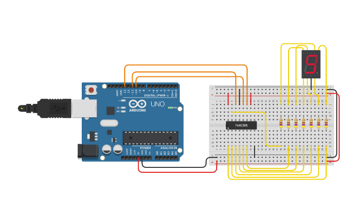 Circuit design 8-Bit Shift Register 7 SEG | Tinkercad