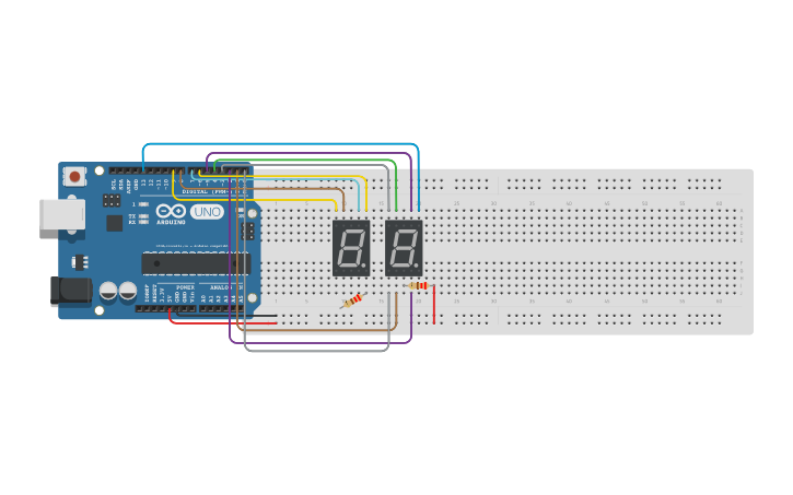 Circuit design DOBLE LED 7 SEGMENTOS - Tinkercad