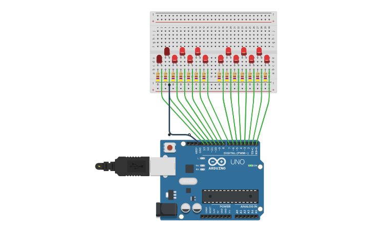 Circuit design Desafio 3 - Sequencial com 14 LEDs | Tinkercad Circuit design Desafio 3 - Sequencial com 14 LEDs | Tinkercad