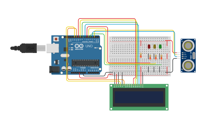 Circuit design LCD with Ultrasonic Sensor - Tinkercad