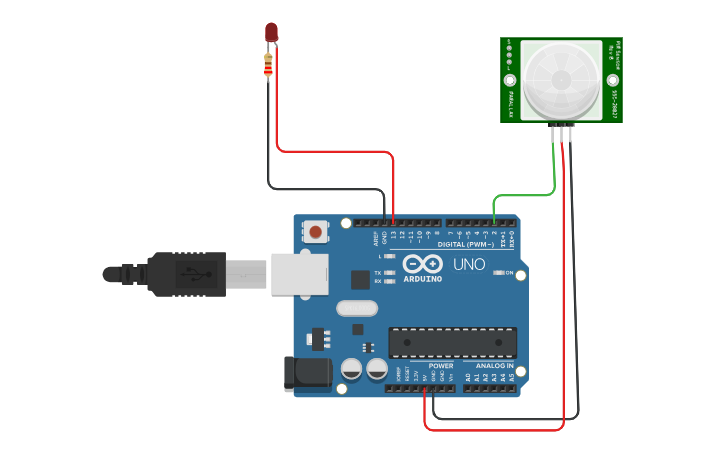 Circuit design interfacing pir sensor with arduino uno - Tinkercad