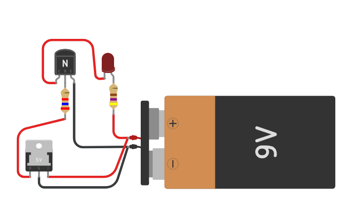 Circuit design transistor with led and 9v dc - Tinkercad